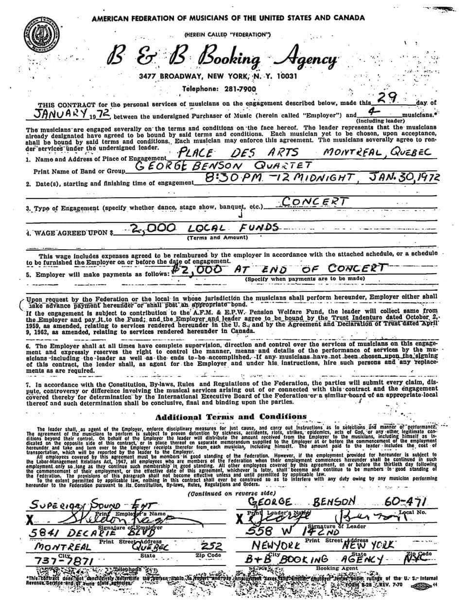 The George Benson Trio Contract by Sheldon Kagan on January 12, 1972 ...
